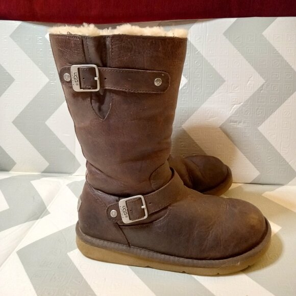 UGG | Shoes | Ugg Kensington Brown Leather Moto Boots Shearling Lined ...